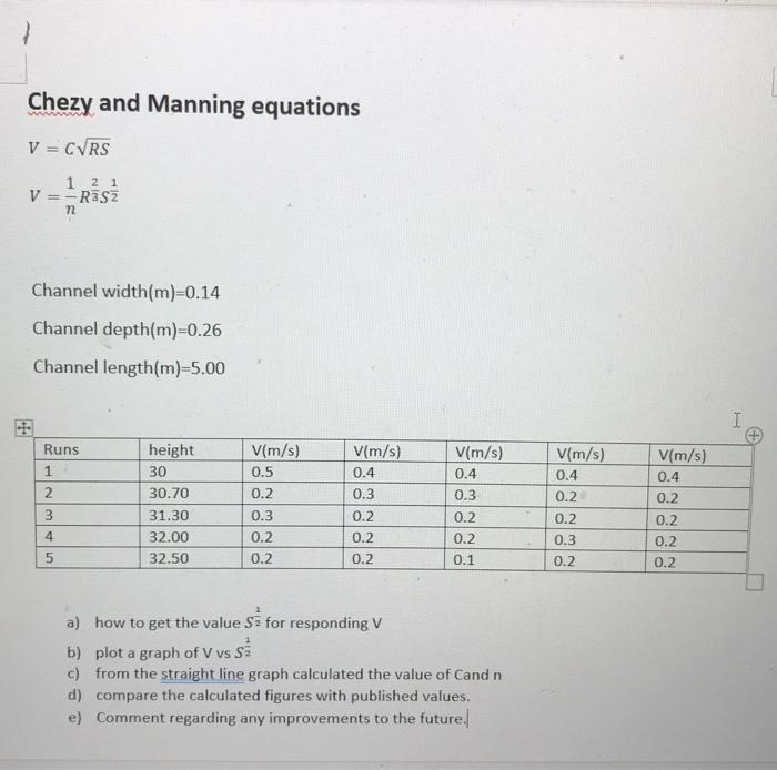 Chezy and Manning equations V = CVRS 1 2 1 V = -R3S2 | Chegg.com