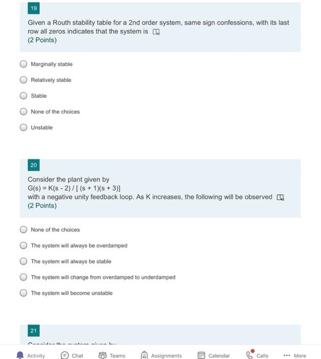 Solved 19 Given a Routh stability table for a 2nd order | Chegg.com