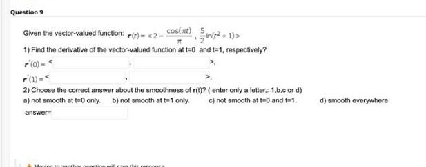 Solved Question 9 Given the vector-valued function: r(t) = | Chegg.com