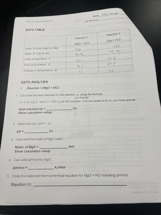 Solved DATA ANALYSIS 1. Reaction 1 ( MgO+HCl) : 1 Calculate | Chegg.com
