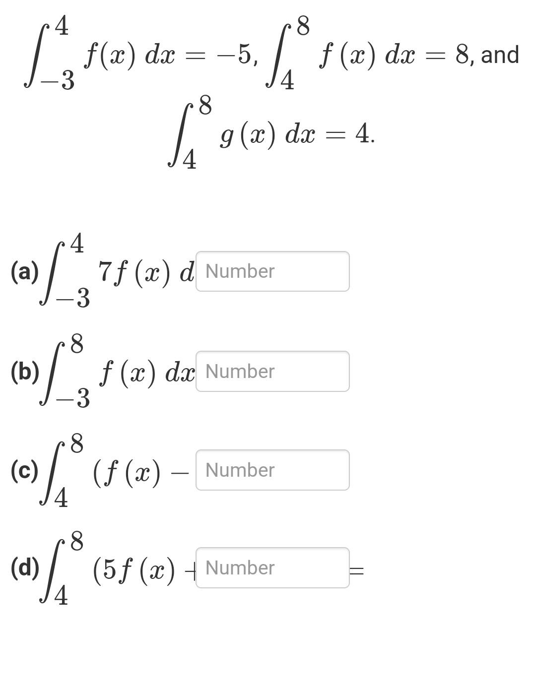 Solved ∫−34f(x)dx=−5,∫48f(x)dx=8, and ∫48g(x)dx=4. | Chegg.com | Chegg.com