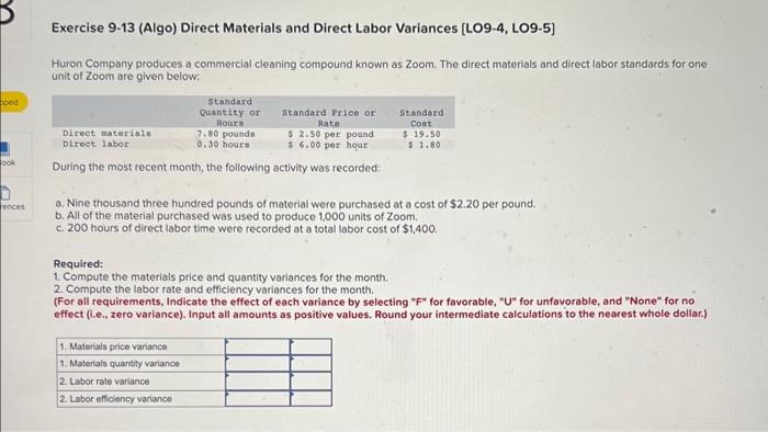 Solved Exercise 9-13 (Algo) Direct Materials and Direct | Chegg.com