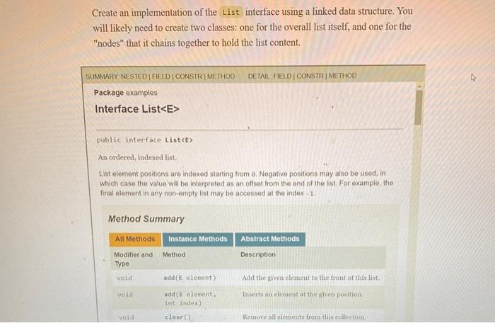 Solved Create an implementation of the list interface using | Chegg.com