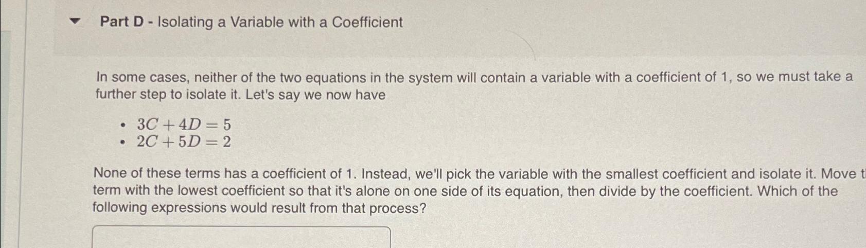 Solved Part D - ﻿Isolating a Variable with a CoefficientIn | Chegg.com