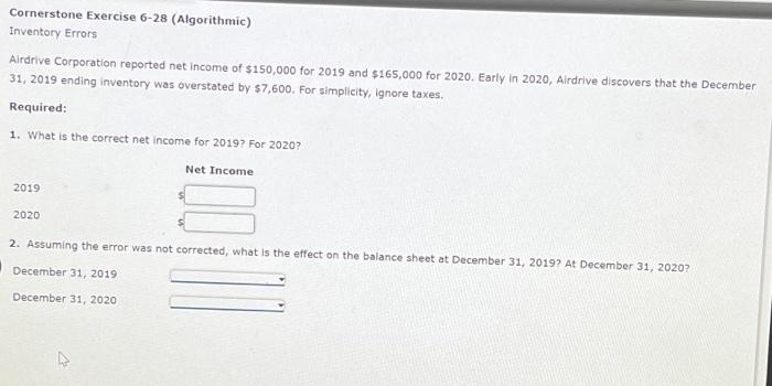 Solved Cornerstone Exercise 6-28 (Algorithmic) Inventory | Chegg.com