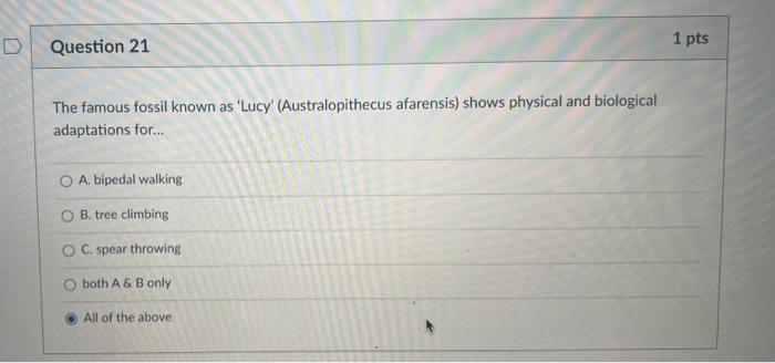 Solved D Question 21 1 pts The famous fossil known as 'Lucy' | Chegg.com