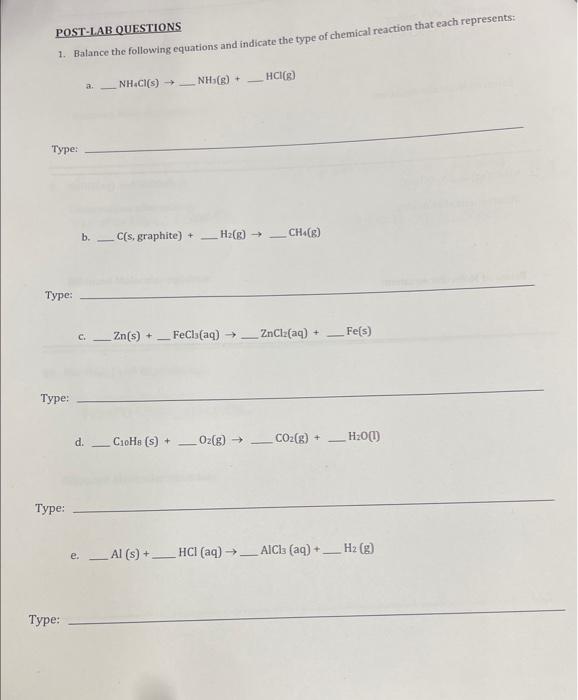 Solved 1 Balance The Following Equations And Indicate The