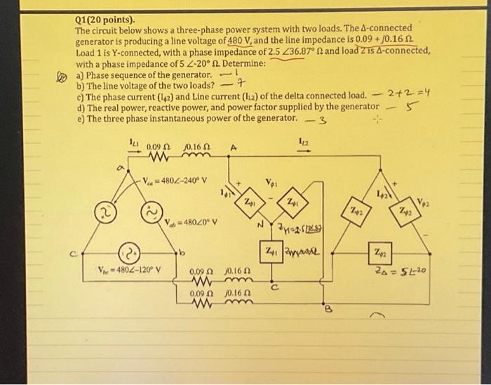 Solved Q1(20 points). The circuit below shows a three-phase | Chegg.com