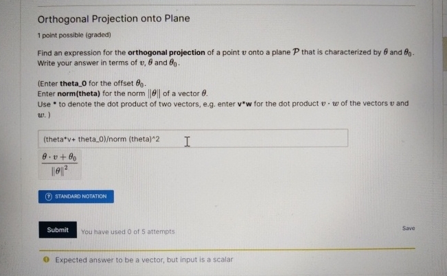 Solved Orthogonal Projection onto Plane1 ﻿point possible | Chegg.com