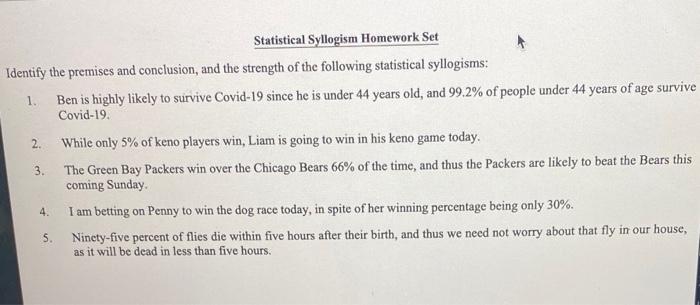 Statistical Syllogism Homework Set identify the | Chegg.com