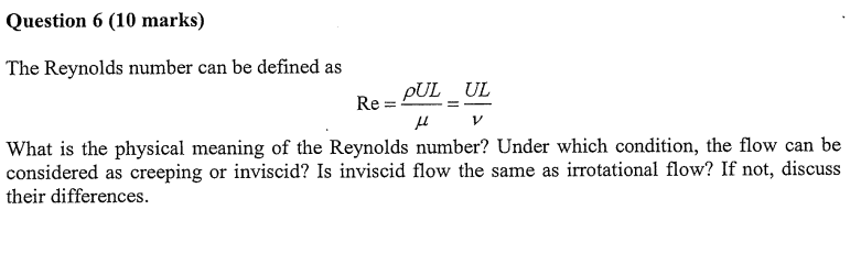 Solved Question 6 (10 ﻿marks)The Reynolds number can be | Chegg.com