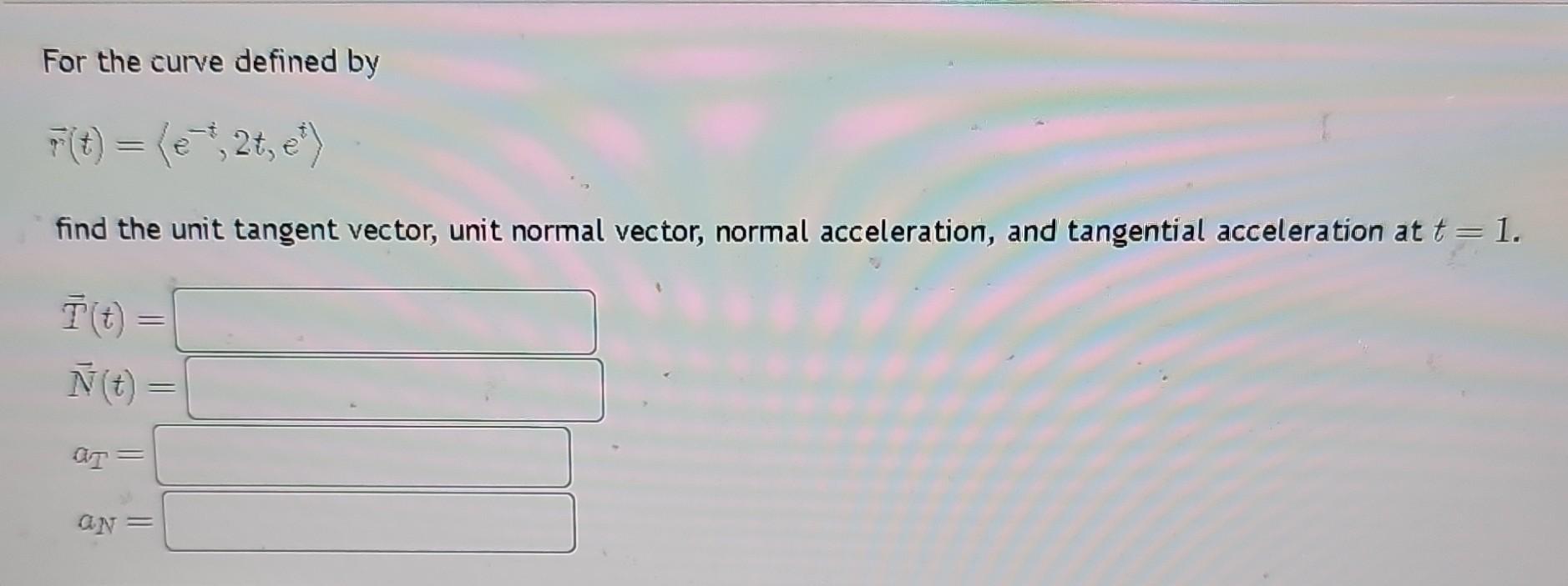 Solved For the curve defined by p(t)= e−t,2t,et find the | Chegg.com
