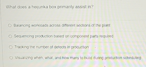 Solved What does a heijunka box primarily assist | Chegg.com