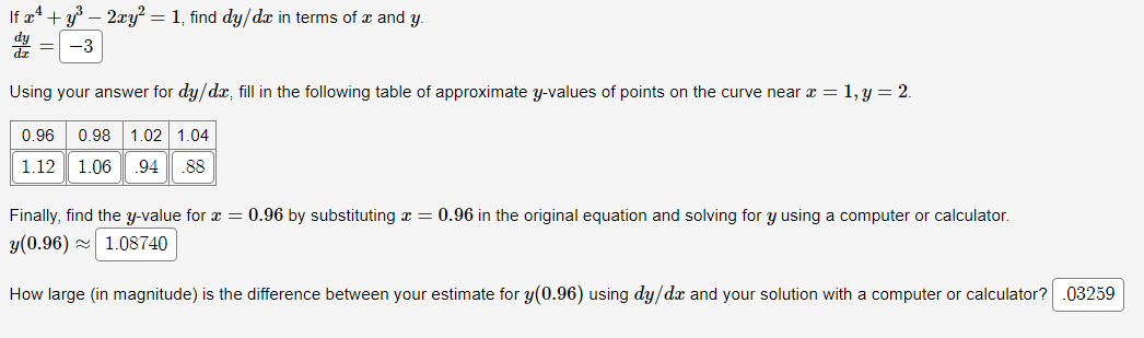 Solved If x4+y3-2xy2=1, ﻿find dydx ﻿in terms of x ﻿and | Chegg.com