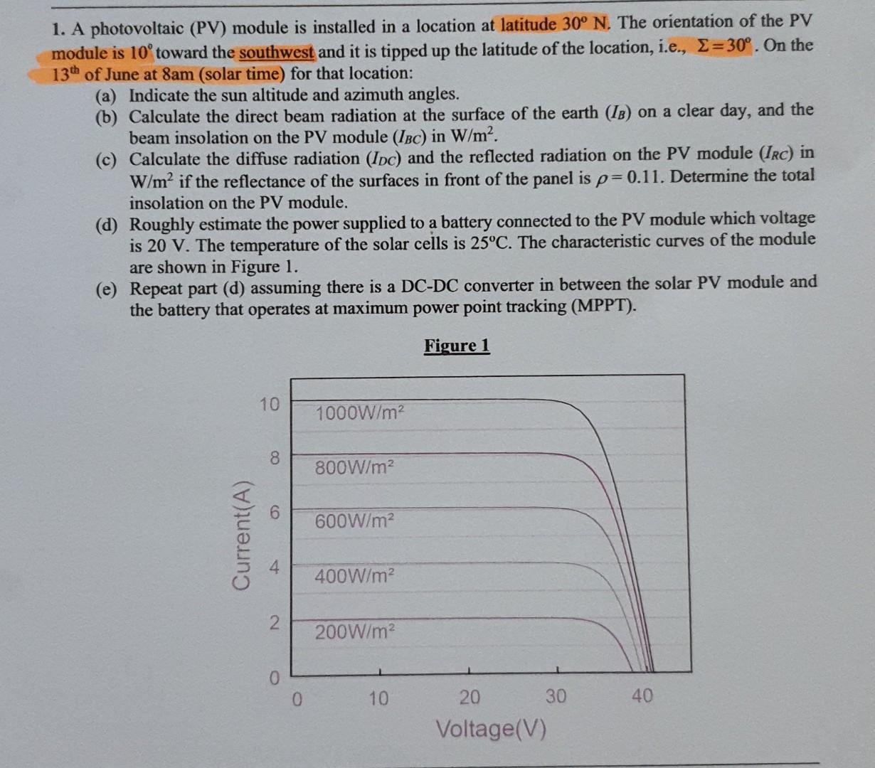 Solved 1. A photovoltaic (PV) module is installed in a | Chegg.com