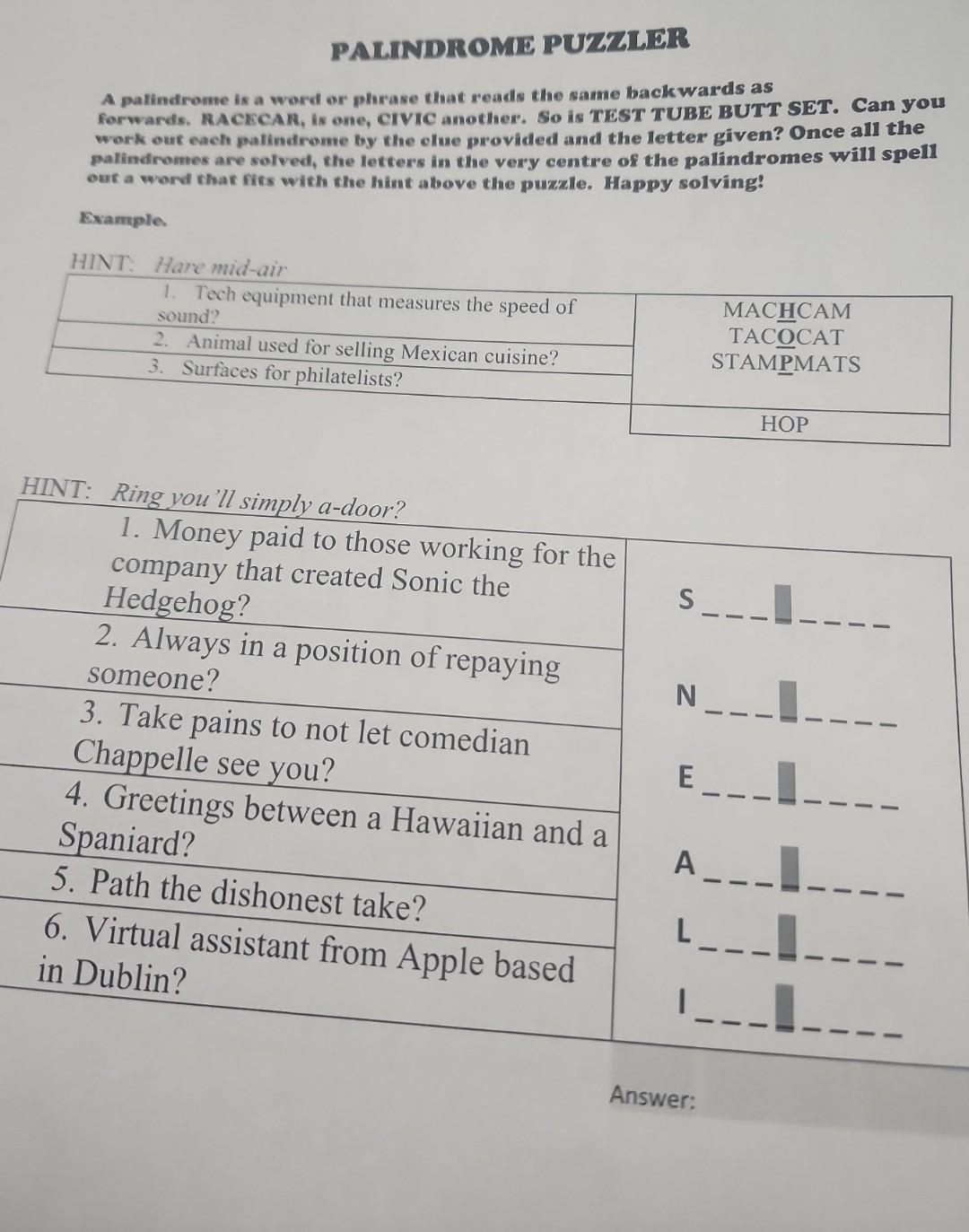 PATINDROME PUZTLDE A palindrome is a word or phrase | Chegg.com
