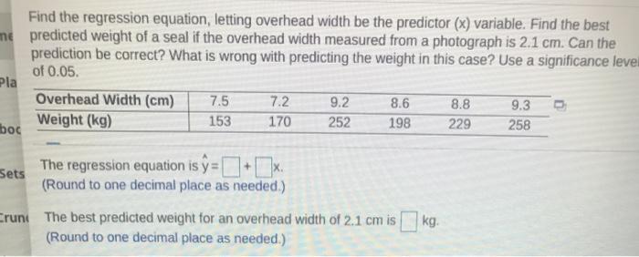Solved Find the regression equation, letting overhead width | Chegg.com