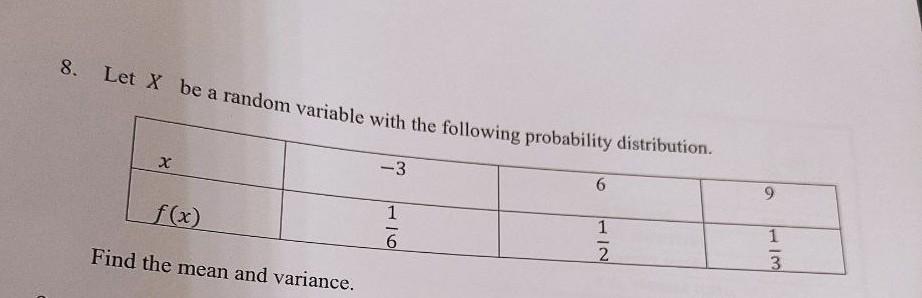 Solved 8. Let X be a random variable with the foll ….. F | Chegg.com