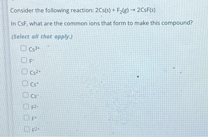 Solved Consider the following reaction: 2Cs(s) + F₂(g) → | Chegg.com