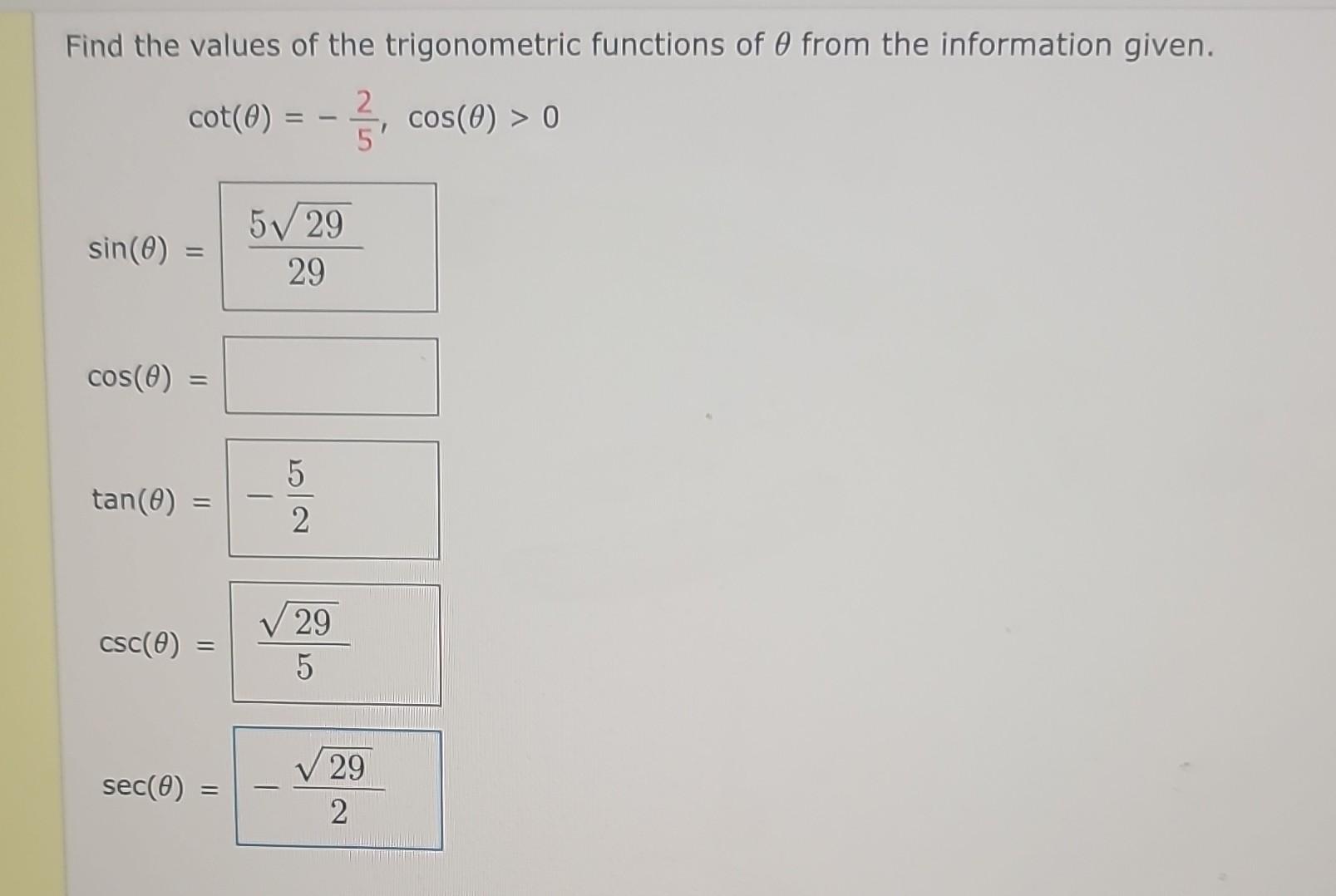 Solved Find the values of the trigonometric functions of θ | Chegg.com