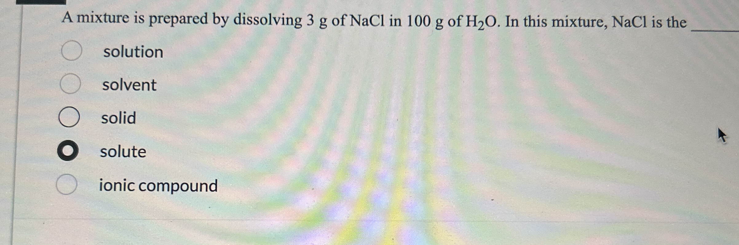Solved A mixture is prepared by dissolving 3 ﻿g of NaCl in | Chegg.com