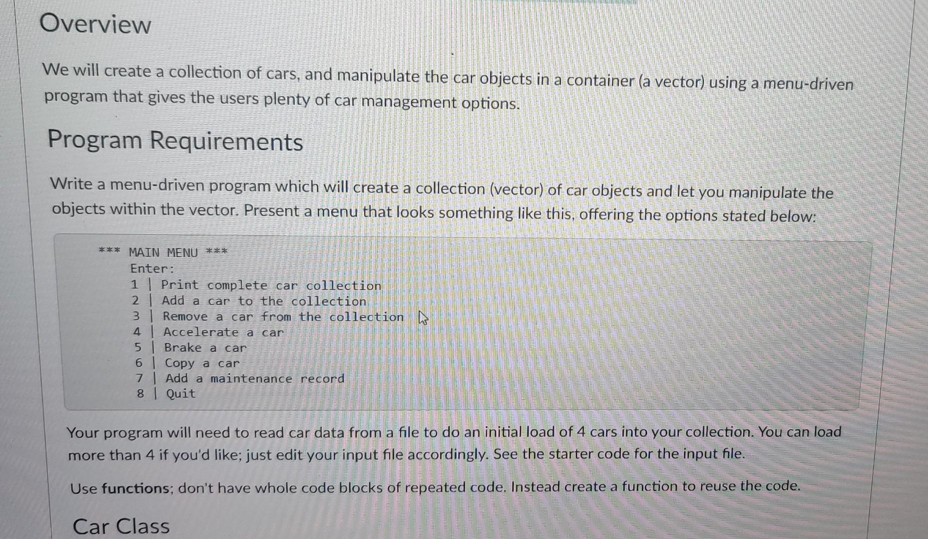 Solved Overview We will create a collection of cars, and | Chegg.com