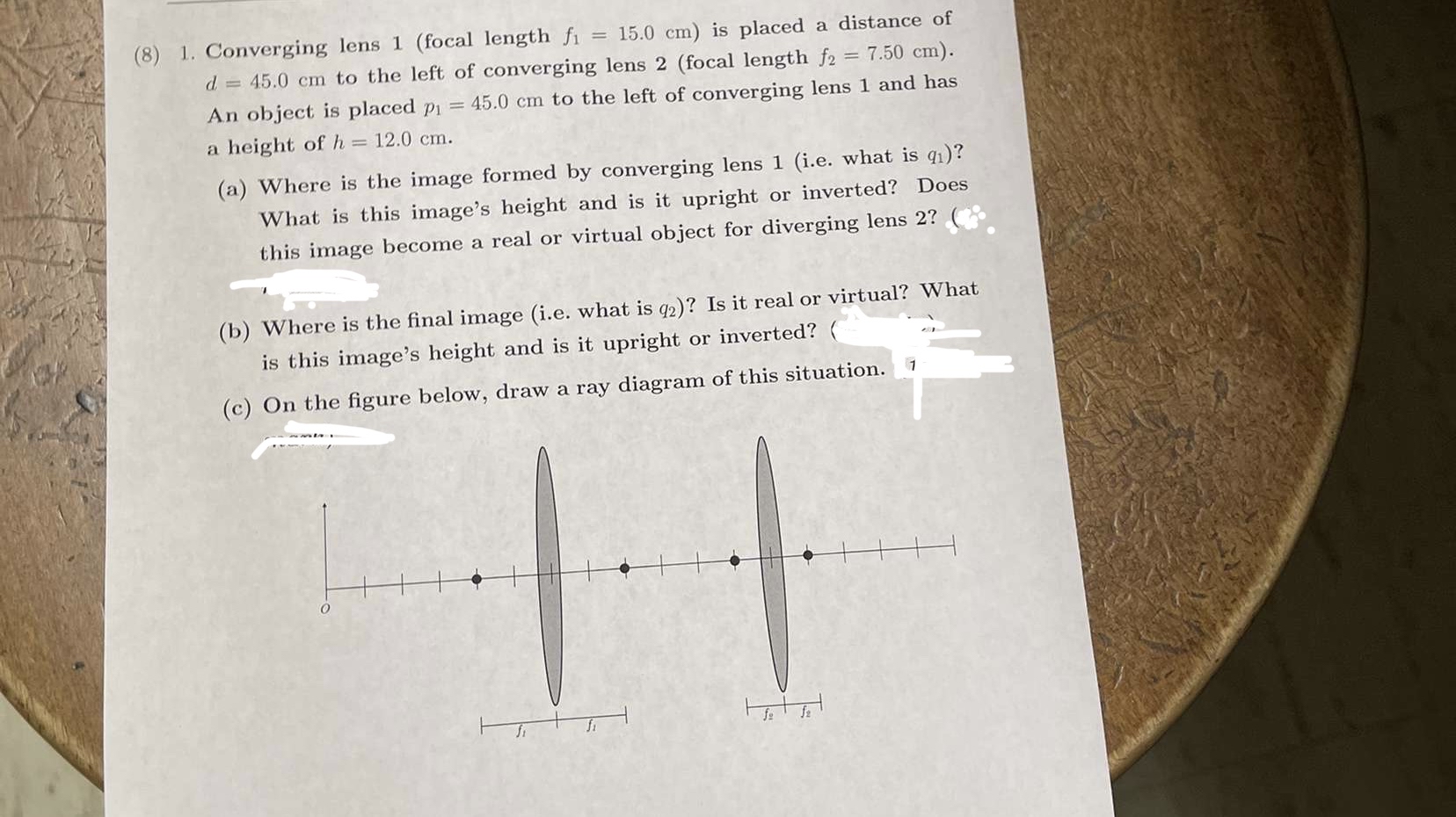 Solved (8) 1. ﻿Converging lens 1 (focal length f1=15.0cm ) | Chegg.com
