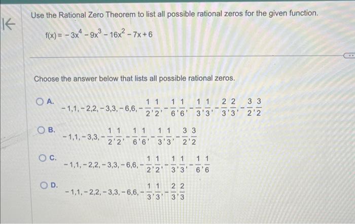 Solved Use the Rational Zero Theorem to list all possible | Chegg.com