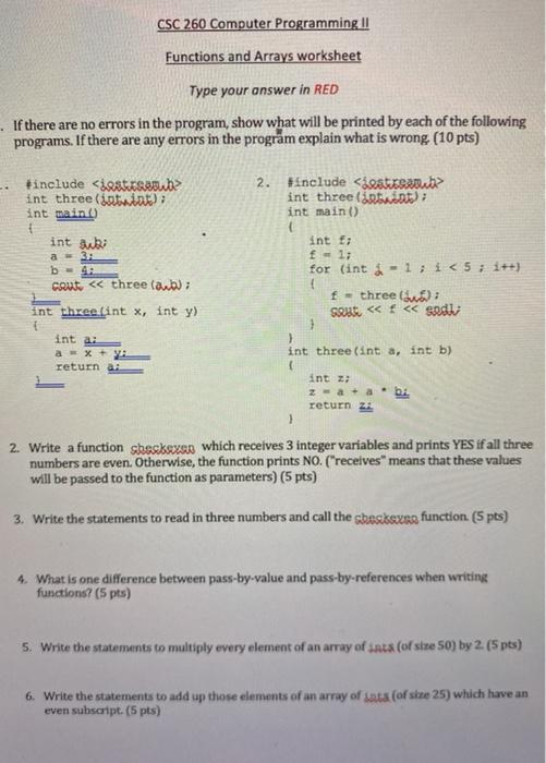 Solved CSC 260 Computer Programming || Functions and Arrays | Chegg.com