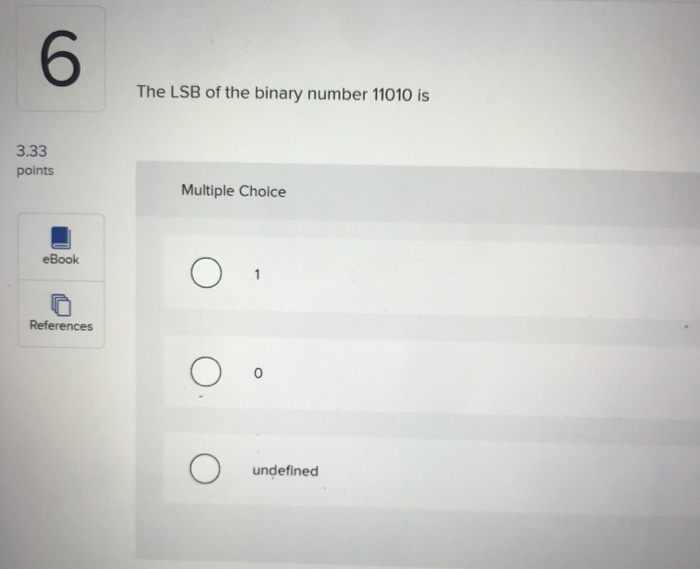 Solved The LSB of the binary number 11010 is 3.33 points | Chegg.com