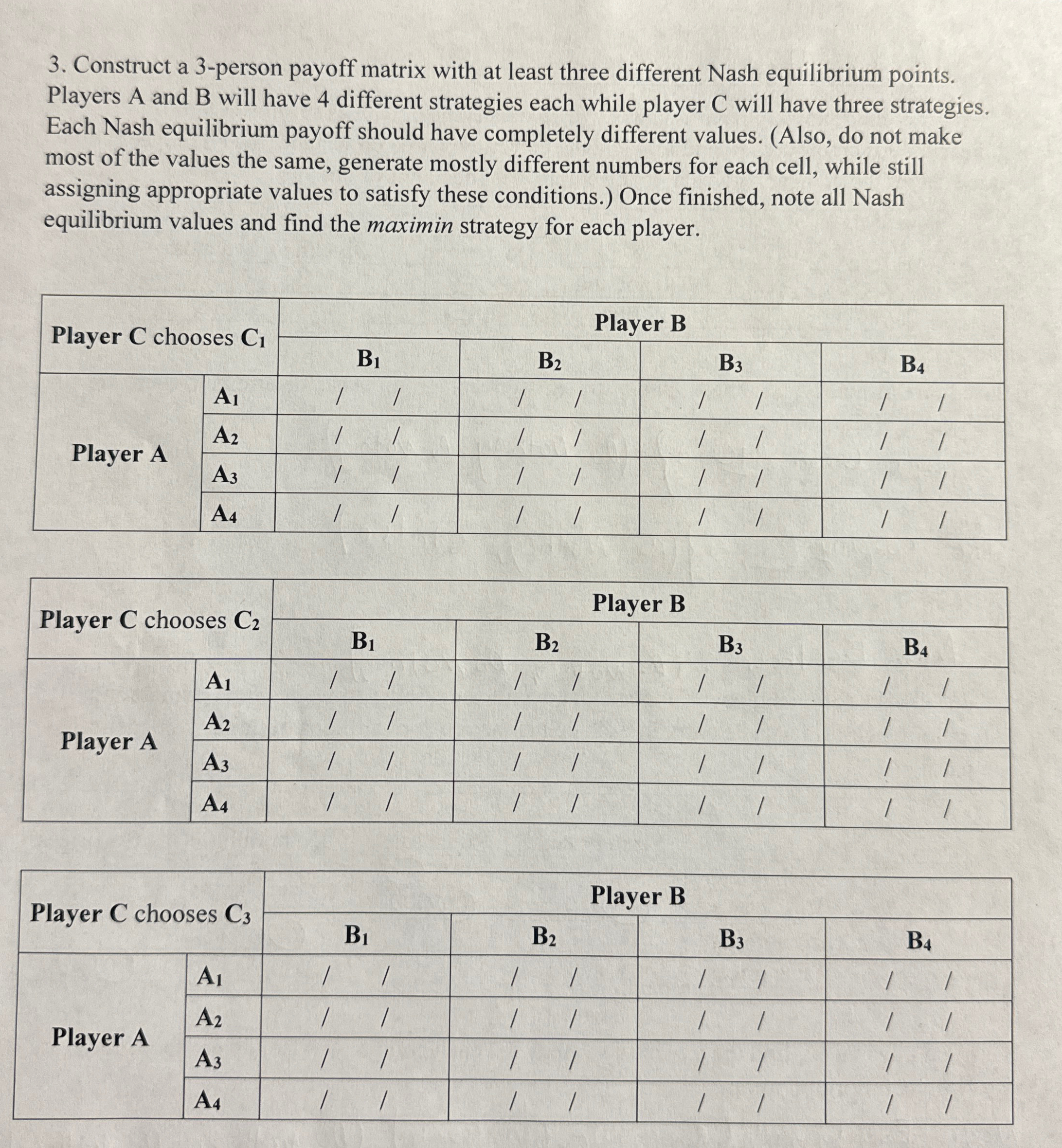 Construct a 3-person payoff matrix with at least | Chegg.com