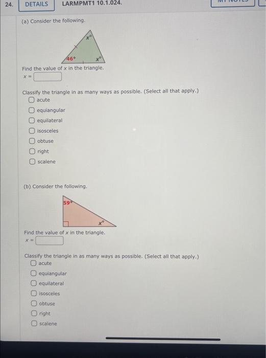 Solved (a) Consider the following. Find the value of x in | Chegg.com