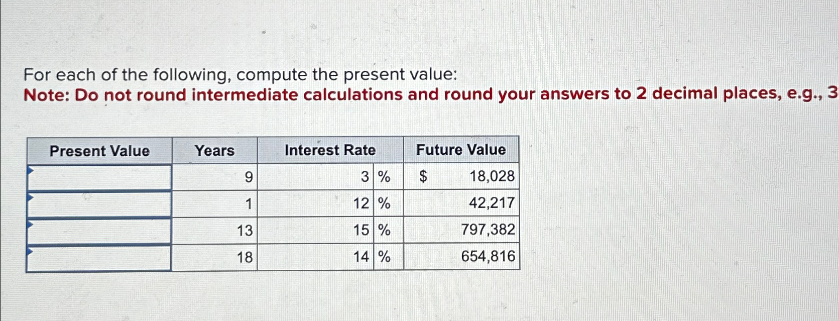 Solved For each of the following, compute the present | Chegg.com