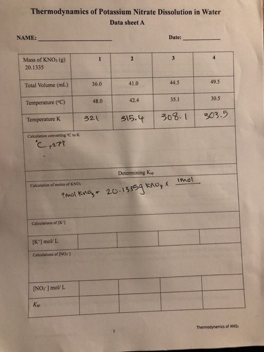 Solved Thermodynamics of Potassium Nitrate Dissolution in | Chegg.com