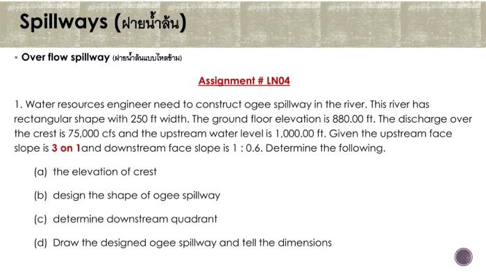 Spillways (ฝายน้ำล้น - Over flow spillway (whelnai) | Chegg.com