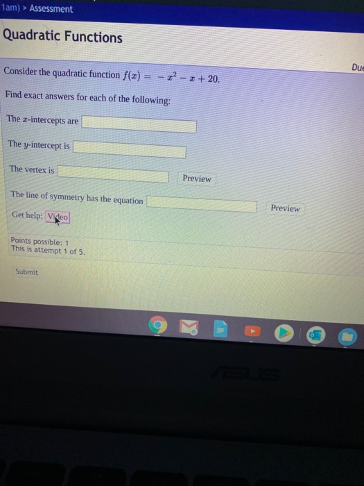Solved 1am) > Assessment Quadratic Functions Consider the | Chegg.com