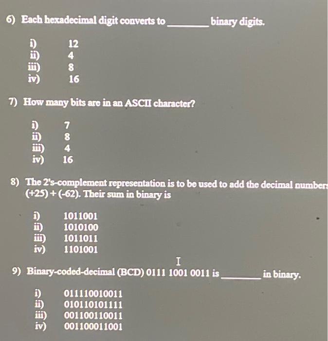 Solved 6) Each hexadecimal digit converts to iv) 7) How many | Chegg.com