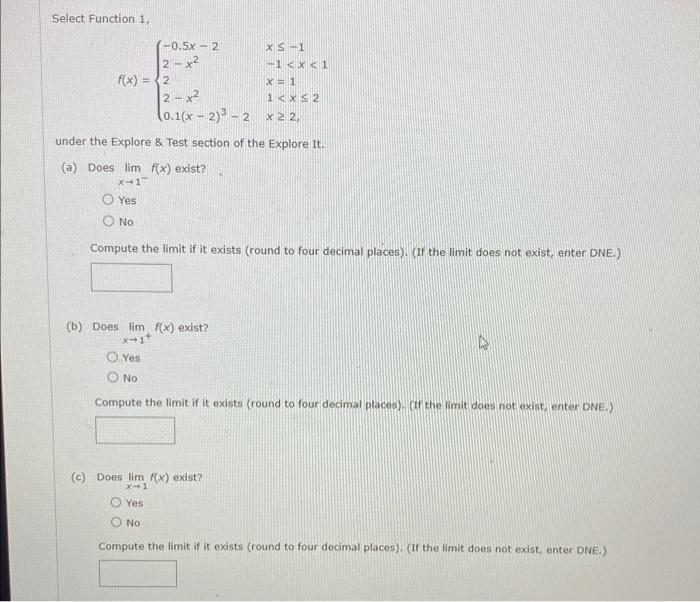 Solved Select Function 1, -0.5x2 XS-1 2-x² -1 | Chegg.com