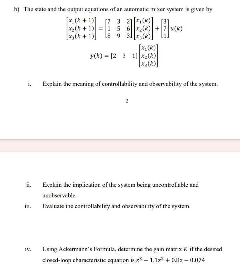 Solved b) The state and the output equations of an automatic | Chegg.com