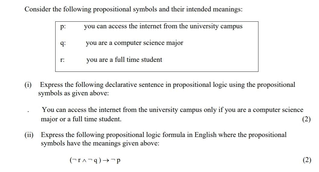 Solved Consider The Following Propositional Symbols And