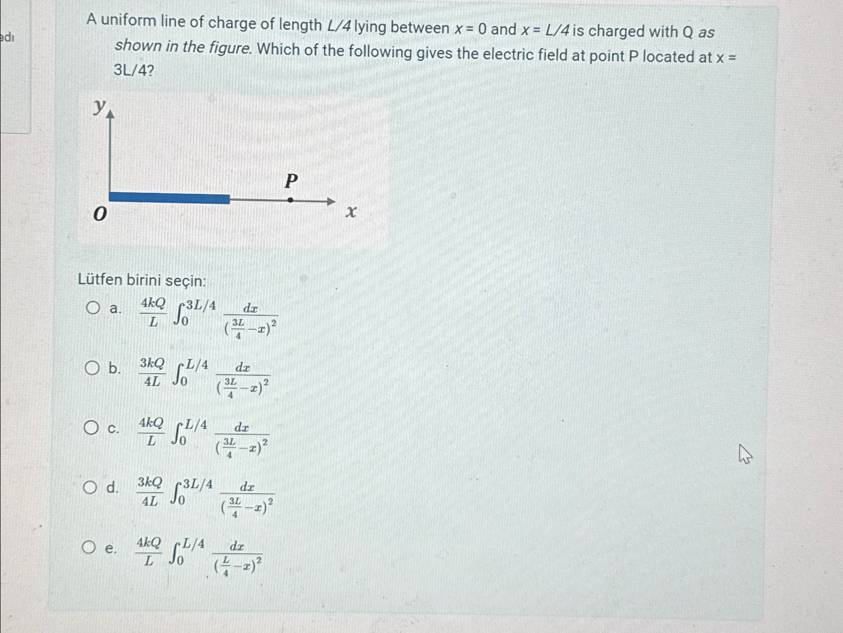 Solved A uniform line of charge of length L4 ﻿lying between | Chegg.com