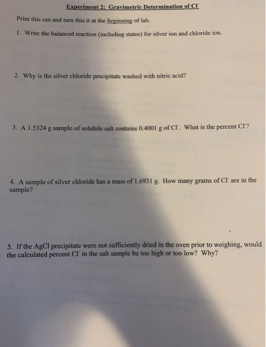 Solved Experiment 2: Gravimetric Determination of CT Print | Chegg.com