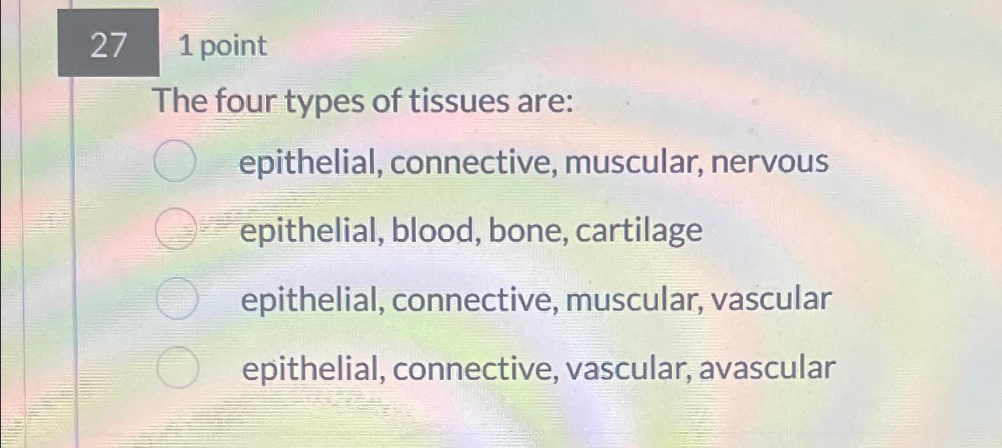 Solved 271 ﻿pointThe four types of tissues are:epithelial, | Chegg.com