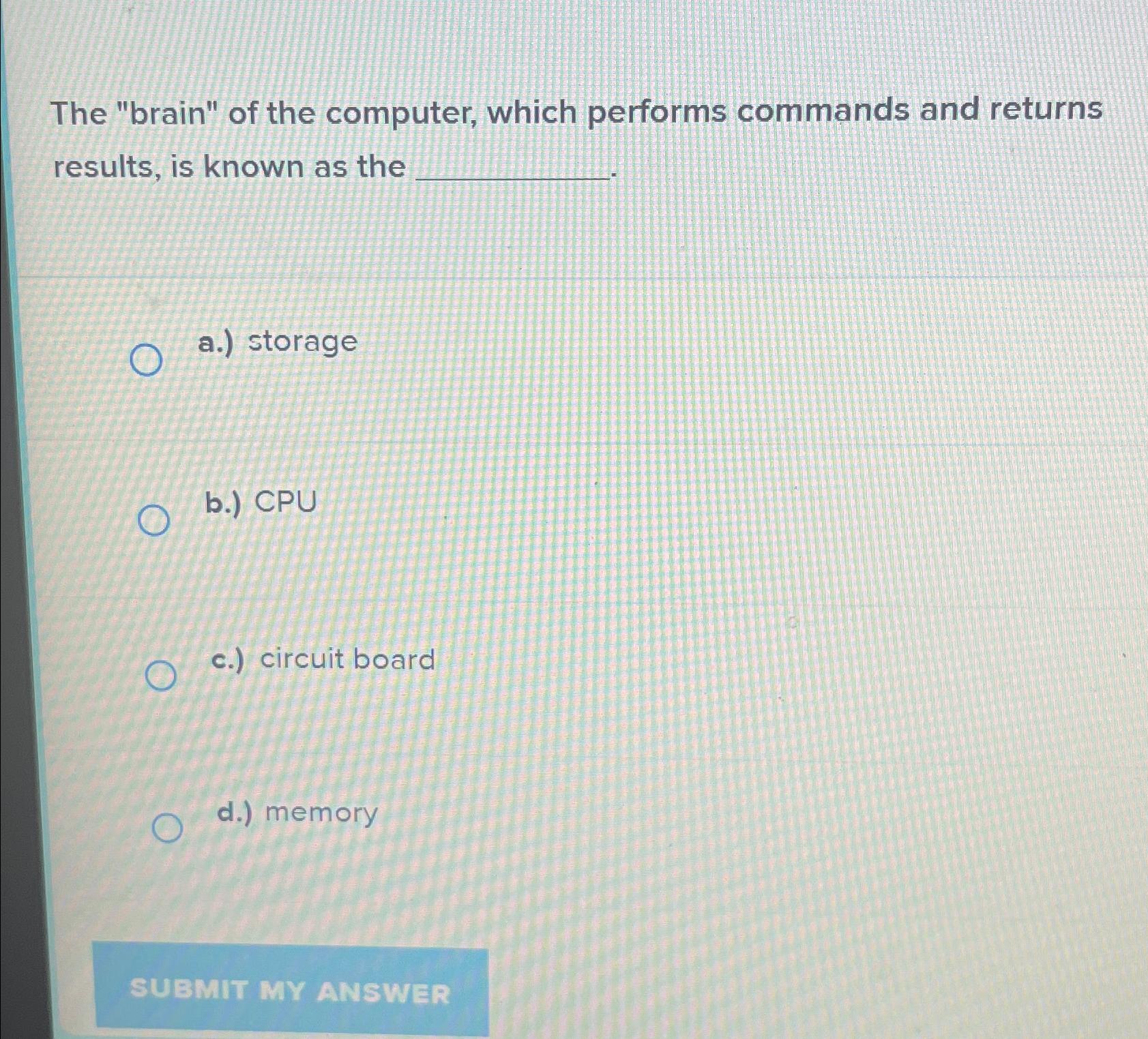 Solved The "brain" of the computer, which performs commands | Chegg.com