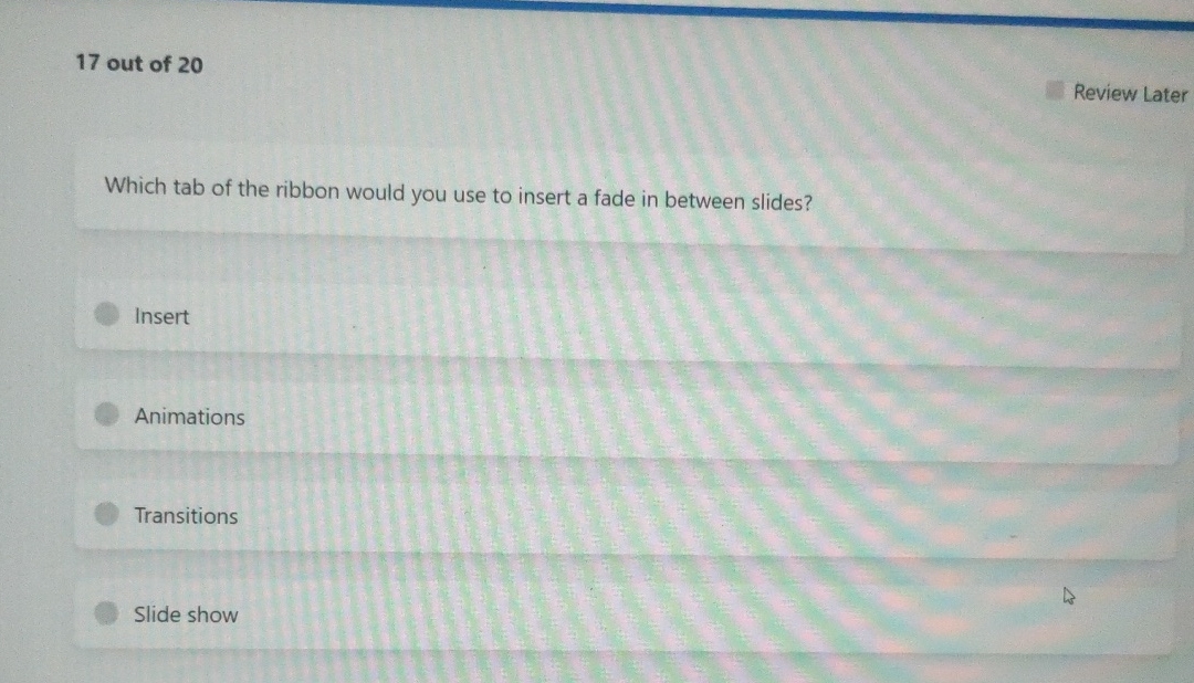 Solved 17 ﻿out of 20Review LaterWhich tab of the ribbon | Chegg.com