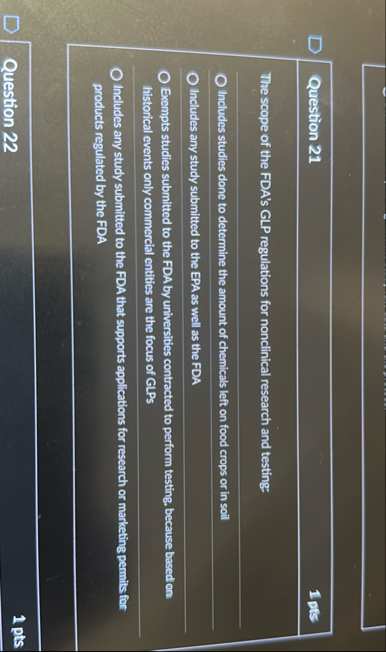 Solved Question 21The scope of the FDA's GLP regulations for | Chegg.com
