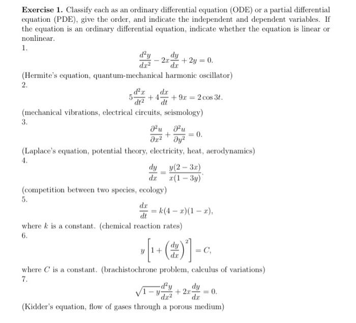 Solved Exercise 1. Classify each as an ordinary differential | Chegg.com