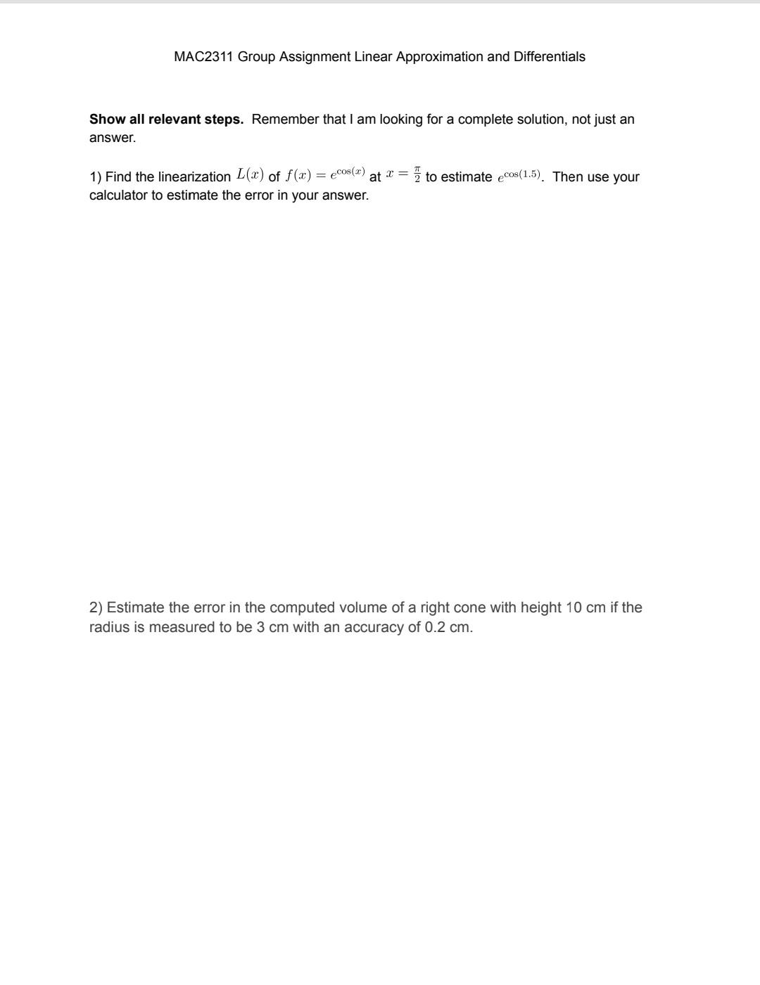Solved MAC2311 Group Assignment Linear Approximation and | Chegg.com