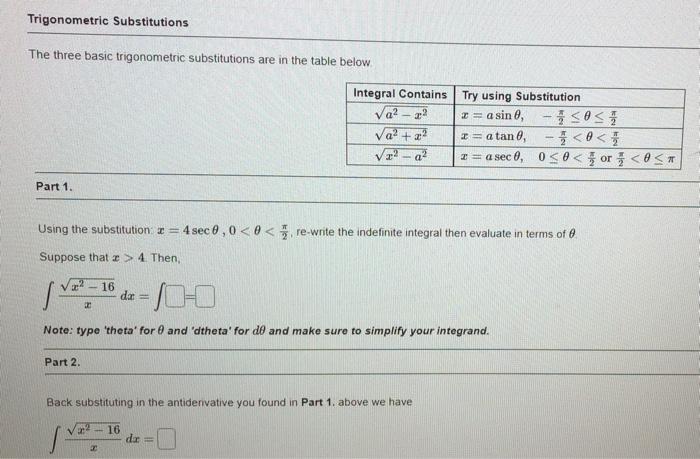 Solved Trigonometric Substitutions The three basic | Chegg.com
