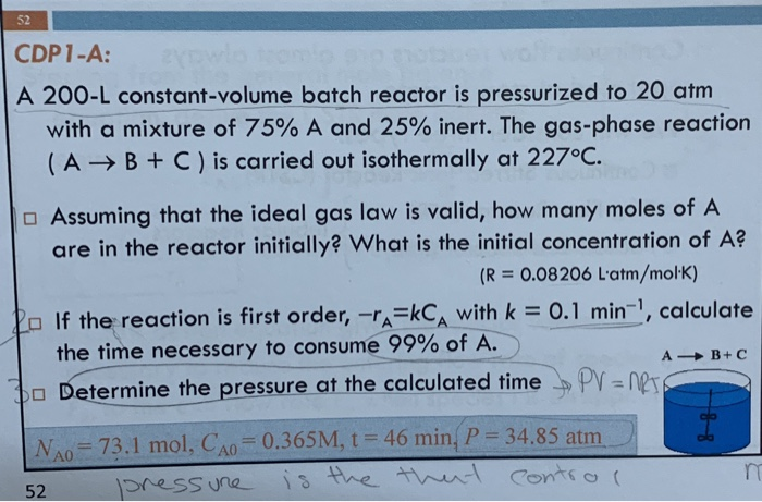 Solved 52 CDP1-A: A 200-L constant-volume batch reactor is | Chegg.com